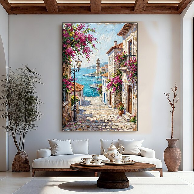 Mediterranean Alley Oil Painting, Original Coastal Village Landscape ...