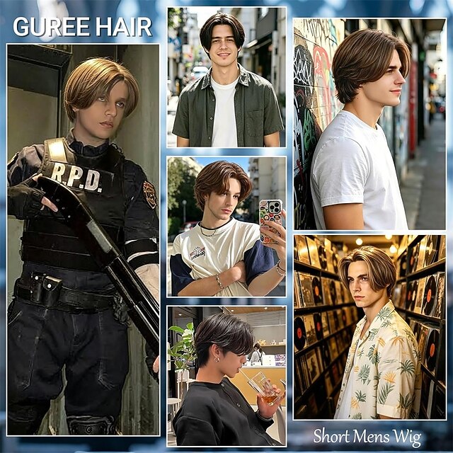 Mens Brown Wig Short Straight Men Wig Middle Part Heat Resistant ...