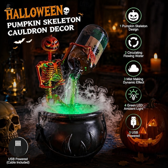 Halloween Pumpkin Skeleton Cauldron Animated Table Decor, LED Green ...