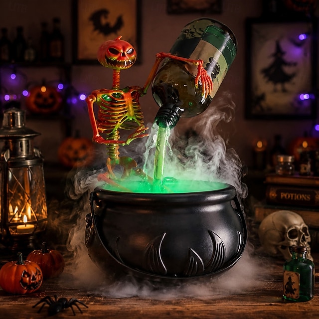 Halloween Pumpkin Skeleton Cauldron Animated Table Decor, LED Green ...