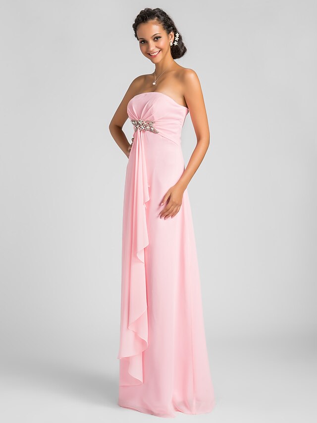 Sheath / Column Strapless Floor Length Chiffon Bridesmaid Dress with Draping / Criss Cross ...
