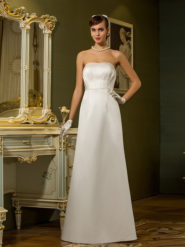 Sheath / Column Strapless Floor Length Satin Made-To-Measure Wedding Dresses with Draping ...