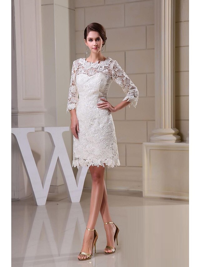 A-Line Wedding Dresses Jewel Neck Knee Length All Over Floral Lace 3/4 ...