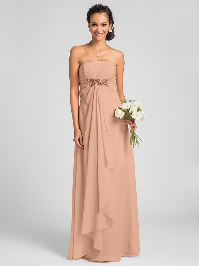 Sheath / Column Strapless Floor Length Chiffon Bridesmaid Dress with Draping / Criss Cross ...