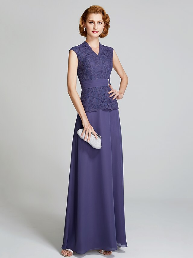 A-Line Mother of the Bride Dress V Neck Floor Length Chiffon Lace ...