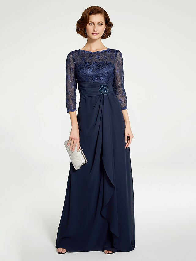 A-Line Mother of the Bride Dress Jewel Neck Floor Length Chiffon Lace 3 ...