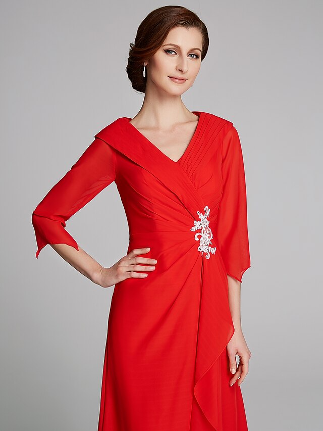 A-Line Mother of the Bride Dress Elegant V Neck Floor Length Chiffon ...