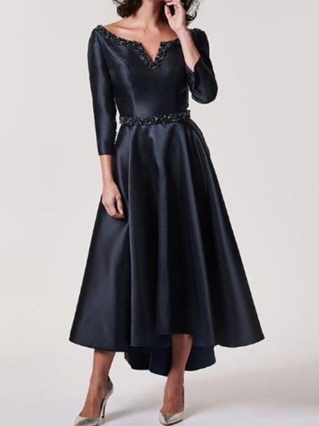 A-Line Mother of the Bride Dress Plus Size V Neck Tea Length Stretch ...