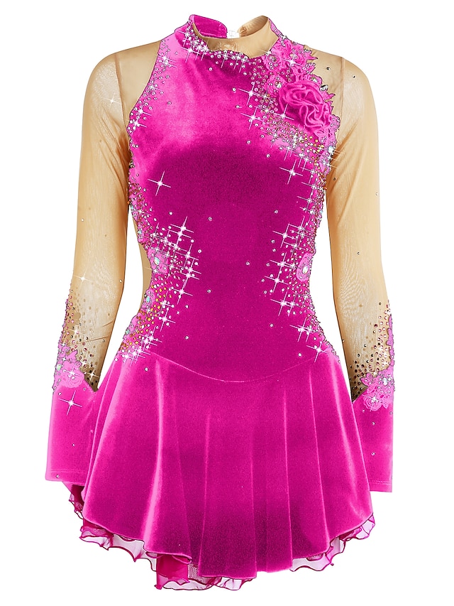 Figure Skating Dress Women's Girls' Ice Skating Dress Black White Dark Purple Open Back Mesh ...