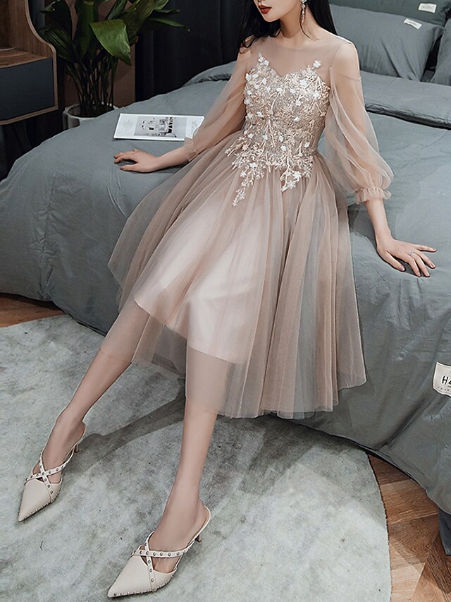 A Line Color Block Floral Homecoming Cocktail Party Dress Illusion Neck