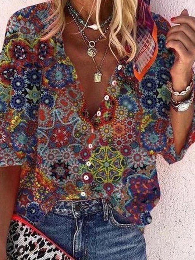 Women's Shirt Blouse White Navy Blue Rainbow Graphic Floral Print Long ...