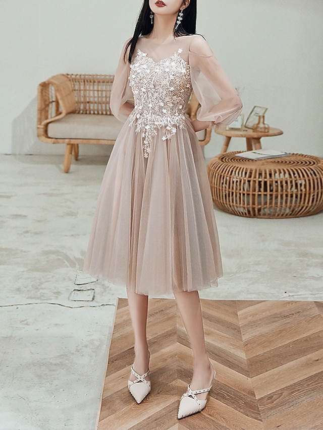 A Line Color Block Floral Homecoming Cocktail Party Dress Illusion Neck