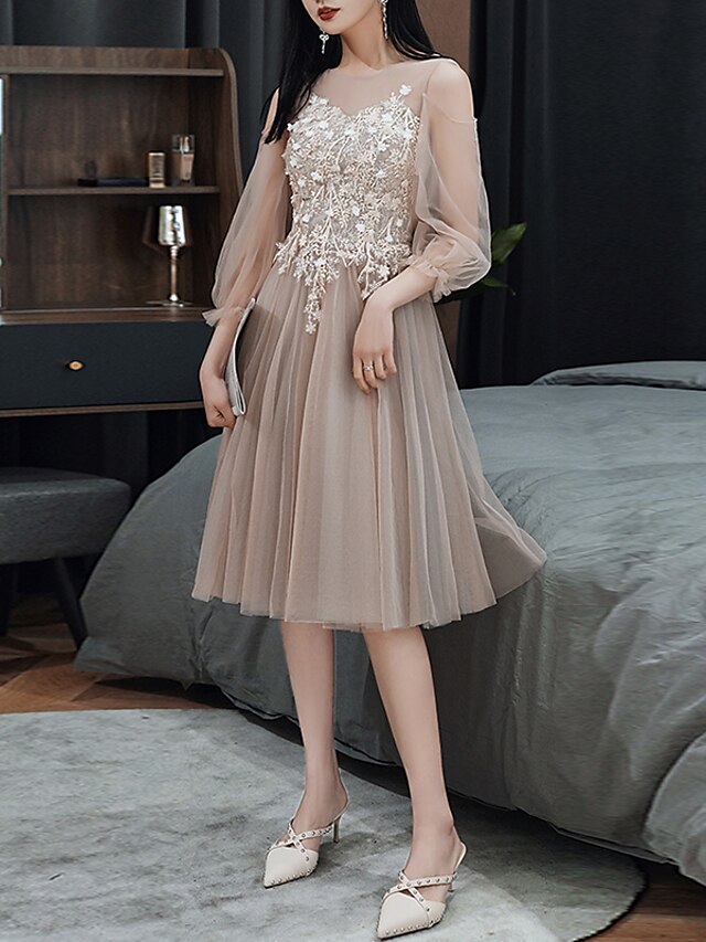 A Line Color Block Floral Homecoming Cocktail Party Dress Illusion Neck