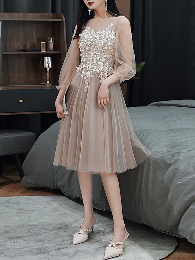 A Line Color Block Floral Homecoming Cocktail Party Dress Illusion Neck