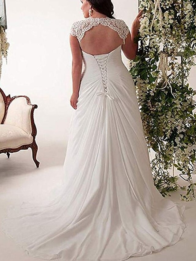 Open Back Plus Size Curve Wedding Dresses A-Line V Neck Cap Sleeve ...