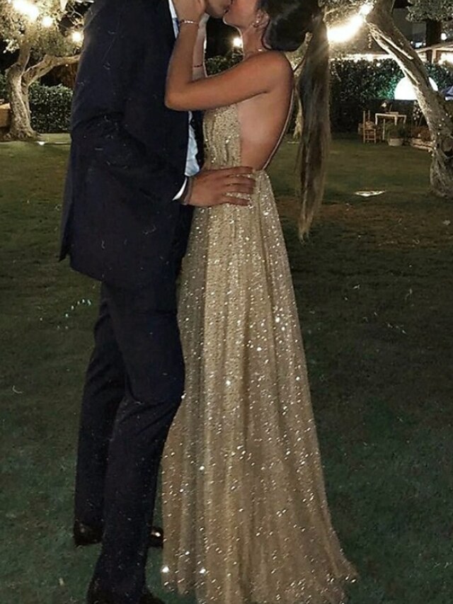 A Line Glittering Sexy Wedding Guest Formal Evening Dress V Neck