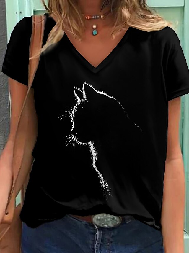 Women's T shirt Tee Black Graphic Cat Print Short Sleeve Daily Weekend ...