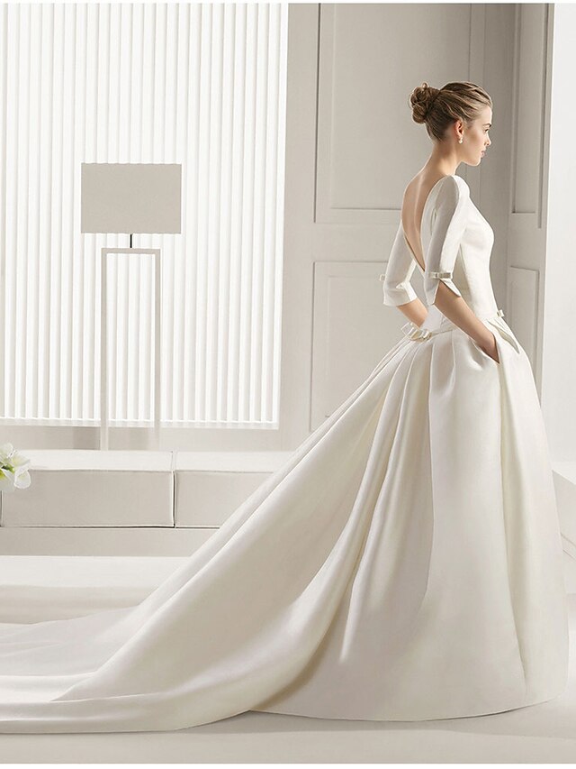Engagement Formal Wedding Dresses A-Line Scoop Neck Half Sleeve Court ...