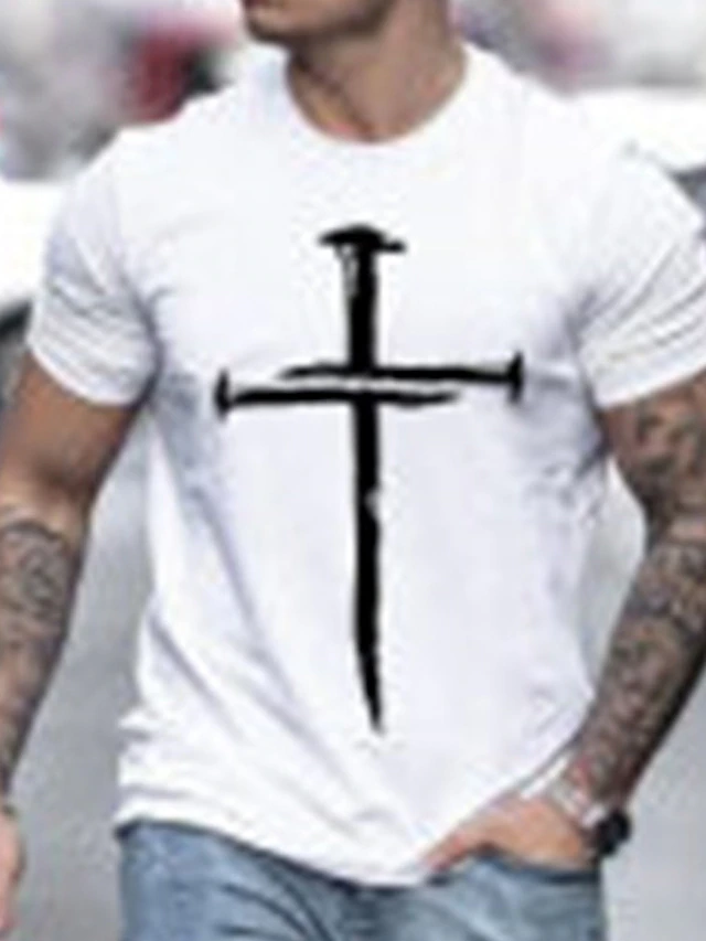 Men's Casual Short Sleeve Graphic T-Shirt with Beige Nail Cross Faith ...