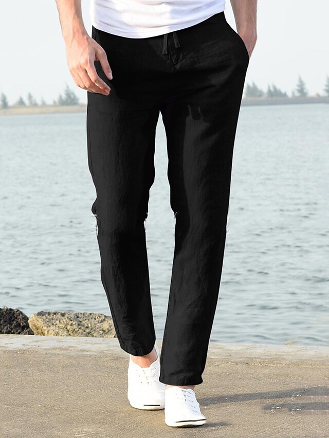Mens Trousers Men Drawstring Straight Leg Elastic Waist Breathable