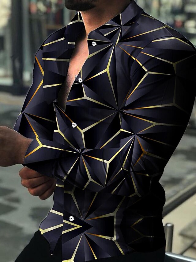 Men's Shirt Geometry Print Long Sleeve Casual Collar Green White Black ...