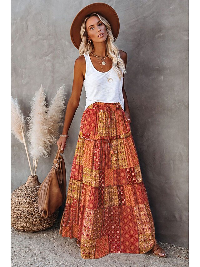 Women's Skirt Swing Long Skirt Bohemia Maxi Skirts Drawstring Print ...
