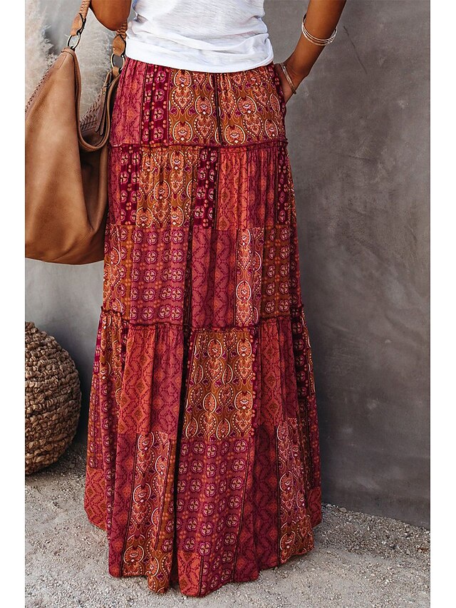 Women's Skirt Swing Long Skirt Bohemia Maxi Skirts Drawstring Print ...