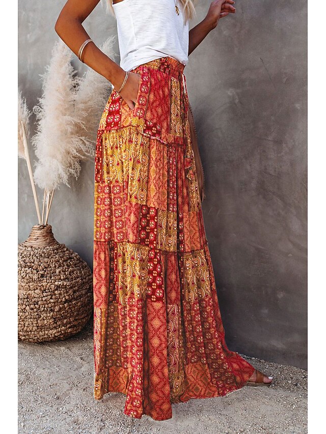 Women's Skirt Swing Long Skirt Bohemia Maxi Skirts Drawstring Print ...