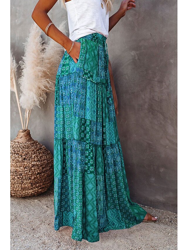 Women's Skirt Swing Long Skirt Bohemia Maxi Skirts Drawstring Print ...