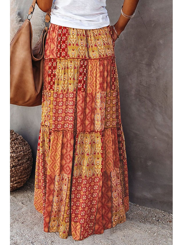 Women's Skirt Swing Long Skirt Bohemia Maxi Skirts Drawstring Print ...