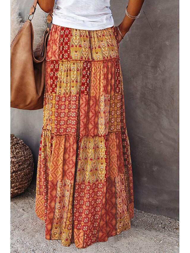 Women's Skirt Swing Long Skirt Bohemia Maxi Skirts Drawstring Print ...