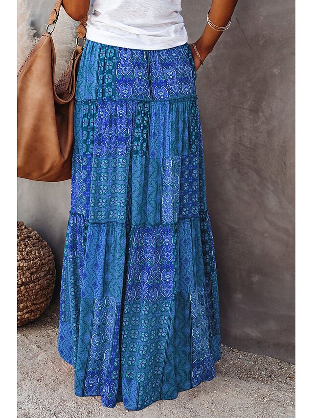Women's Skirt Swing Long Skirt Bohemia Maxi Skirts Drawstring Print ...