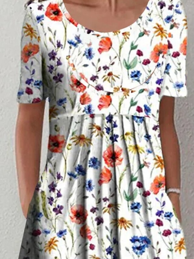Dames Casual jurk T shirt jurk Bloemetjesjurk Halflange jurk Wit Korte mouw Bloemig Met ruches ...