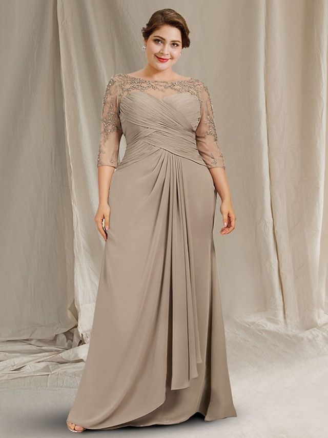 A Line Mother Of The Bride Dress Elegant Plus Size Jewel Neck Floor