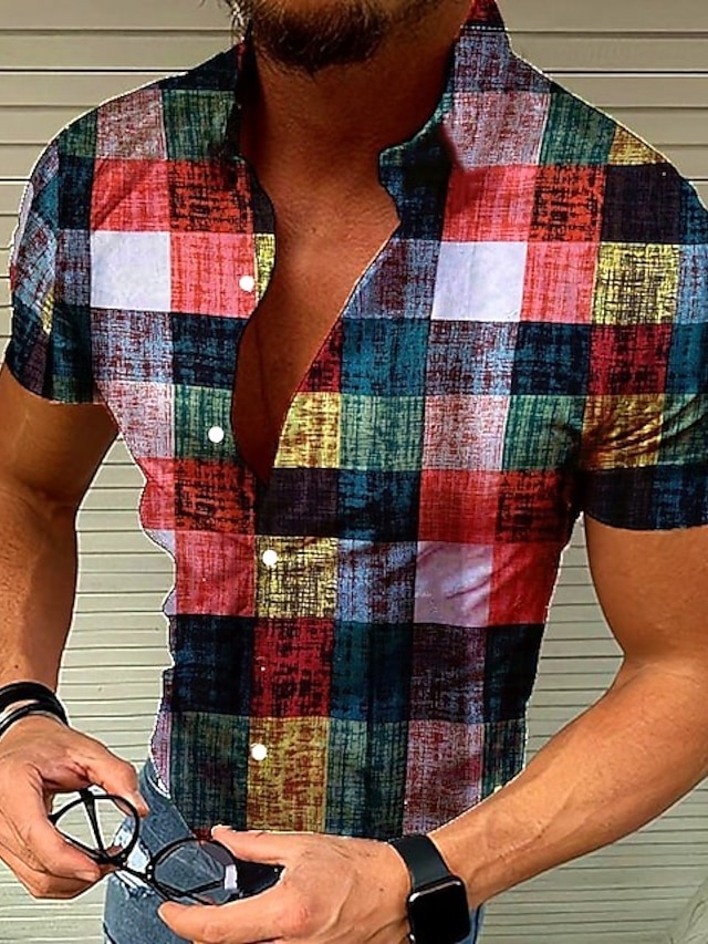 Homme Chemise Chemisette Chemise d'été Treillis Col rabattu Rouge Bleu ...