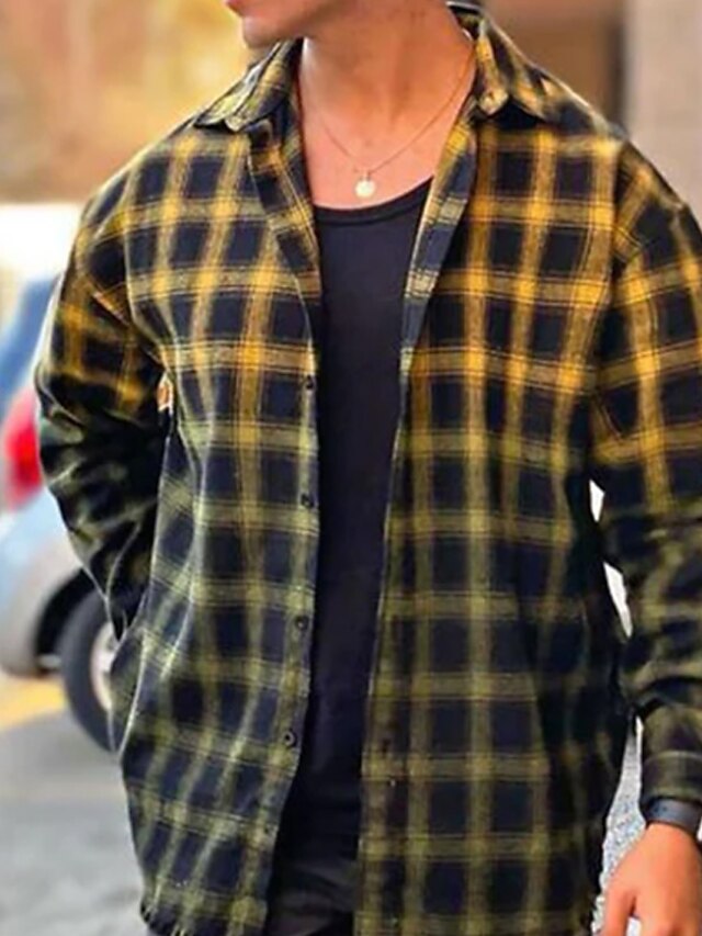 Men's Shirt Overshirt Shirt Jacket Plaid Check Turndown Yellow Long ...