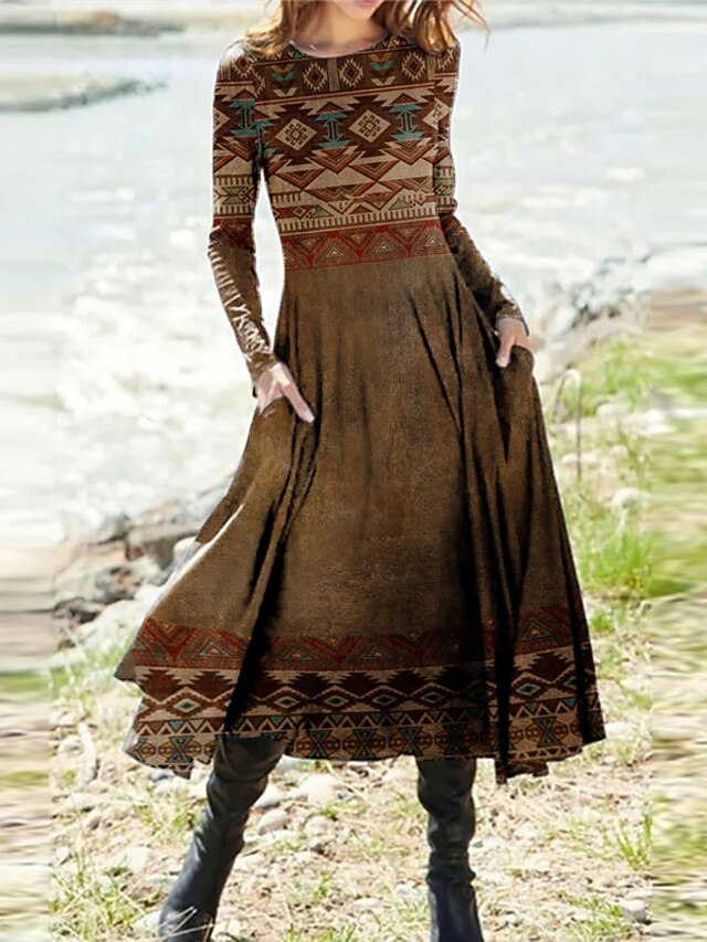 Dame Midikjole Uformell kjole Vinter kjole Etnisk kjole Swingkjole ...