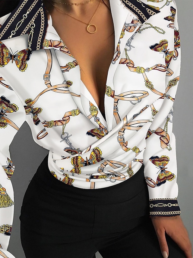 Women's Shirt Blouse Black White Yellow Floral Chains Print Print Long ...