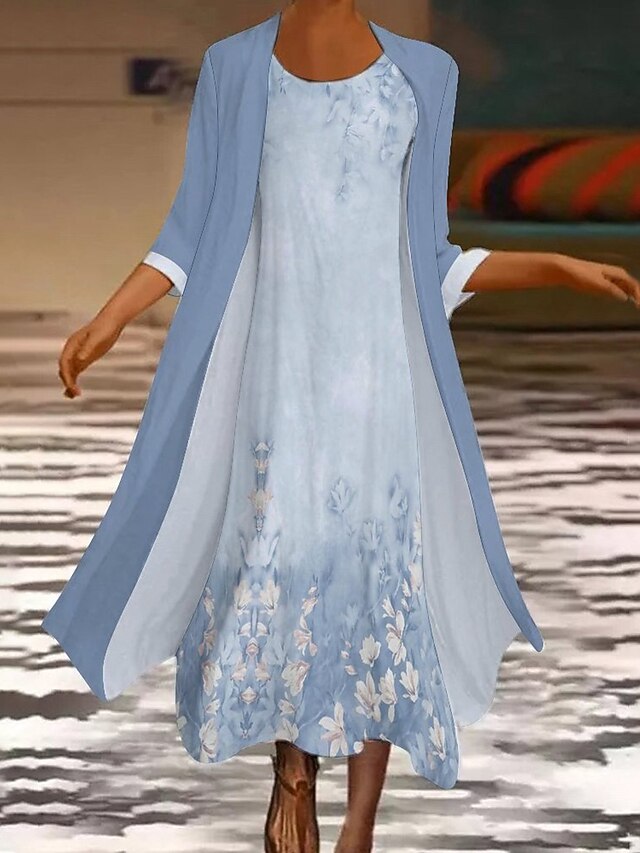 Damen Zweiteiliges Kleid Kirche Kleid kleid lang Hellrosa Purpur Grün Langarm Farbblock Bedruckt ...