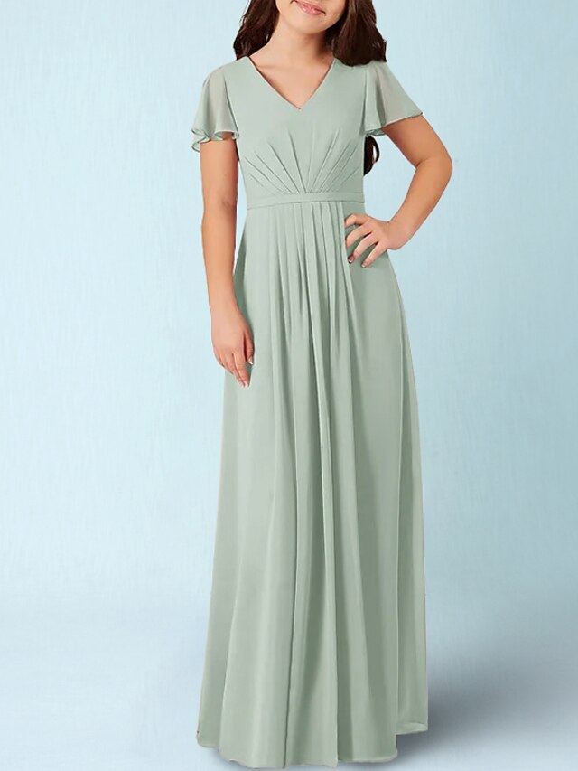 A-linje Gulvlengde V-hals Chiffon Junior brudepike kjoler og kjoler Med ...