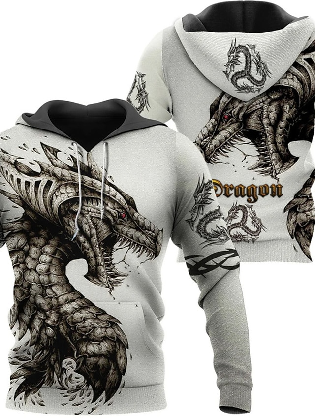 Dragon Hoodie Mens Graphic Pullover Sweatshirt White Hooded Animal ...