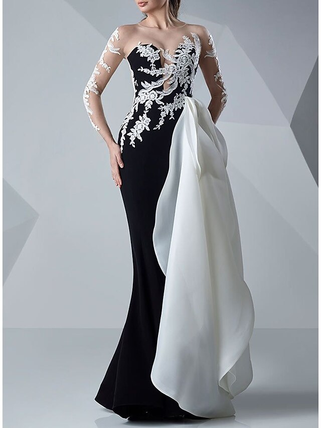 TS Mermaid Evening Gown Color Block Dress Formal Wedding Guest Floor ...
