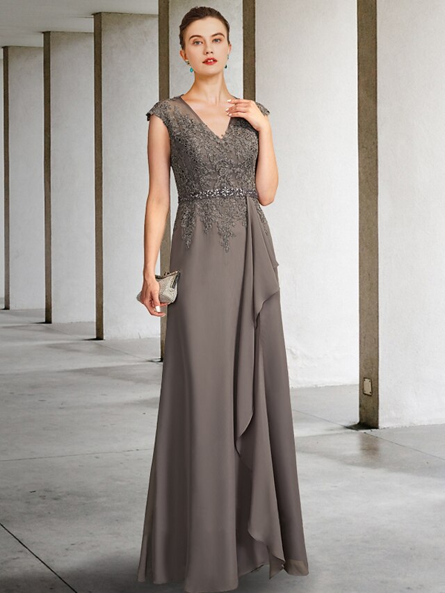 A-Line Mother of the Bride Dress Elegant V Neck Floor Length Chiffon ...