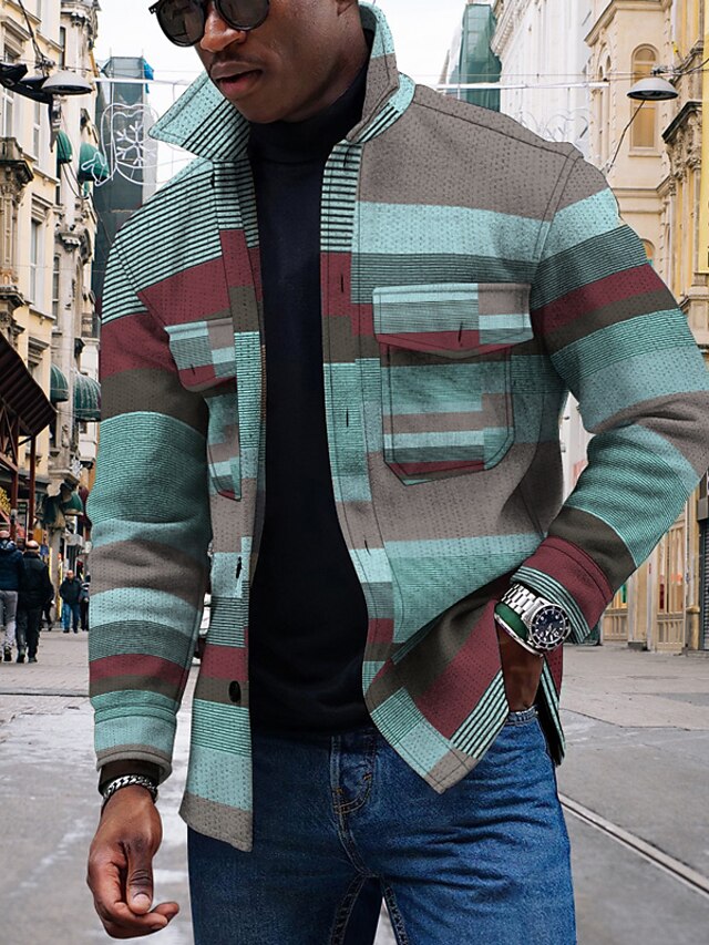 Men's Jacket Pocket Print Regular Coat Gray Street Sporty Single ...