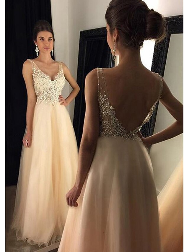 A-Line Floor Length Prom Dresses Sparkle & Shine Open Back Sleeveless V ...