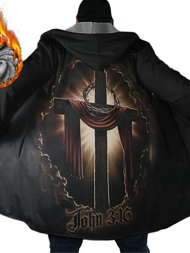Men's Graphic Prints Vintage Cross Winter Coat Fleece Jacket Coat Warm ...