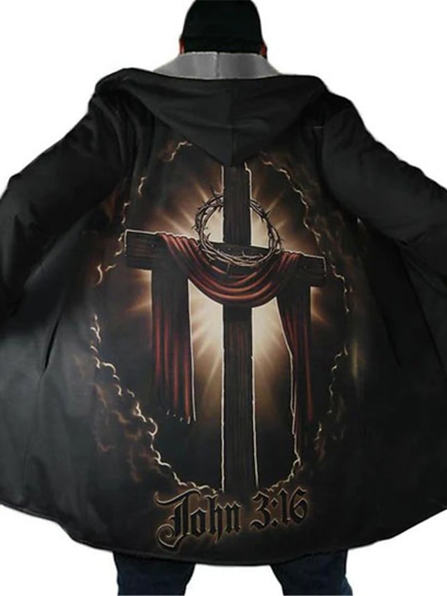 Men's Graphic Prints Vintage Cross Winter Coat Fleece Jacket Coat Warm ...