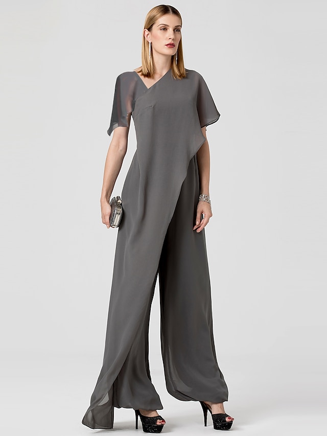 Jumpsuits Evening Gown Elegant Dress Summer Floor Length Short Sleeve V ...