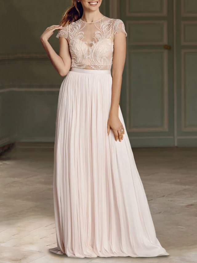 Beach Formal Wedding Dresses Floor Length Two Piece Cap Sleeve Illusion ...