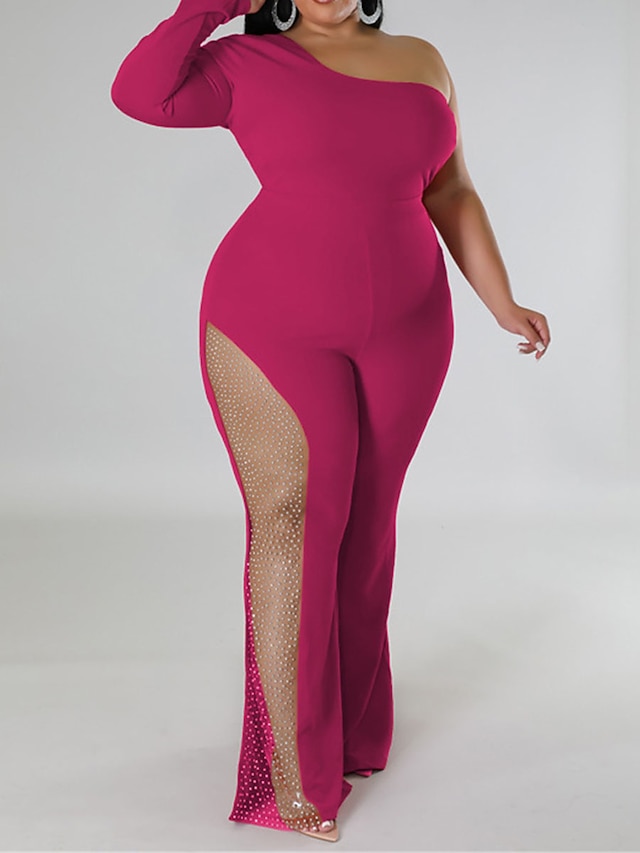 Women's Jumpsuit Plus Size Cocktail Party Lace Mesh Solid Color One ...